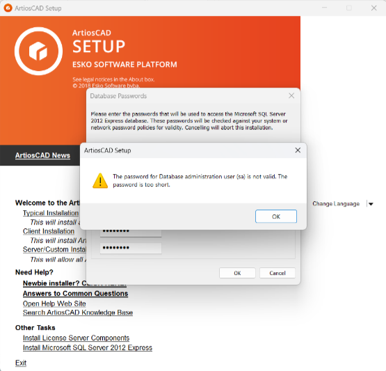 ArtiosCAD - Installation Prompt for SQL Server SA and Programmer Passwords During Fresh Installation