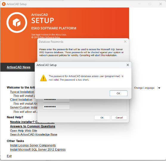 ArtiosCAD - Installation Prompt for SQL Server SA and Programmer Passwords During Fresh Installation